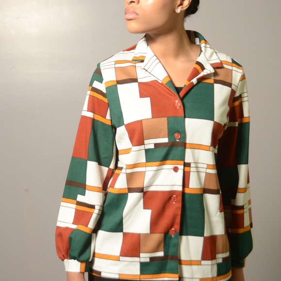 Tops | Vintage Women White Brick Green Color Block Polyester Button ...